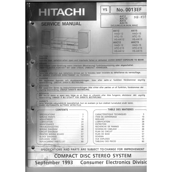 HI-FI Stereo System AX12,AX15,AXC12,AXC15 Hitachi Service Manual ...